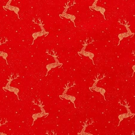 Tissu de Noël popeline de coton rennes dorés sur fond rouge