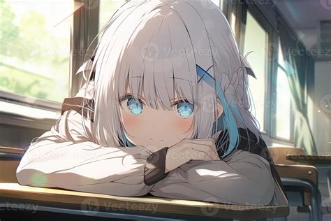 Cute Anime Girl With White Hair And Blue Eyes Sitting At The School Desk With Her Head In Her