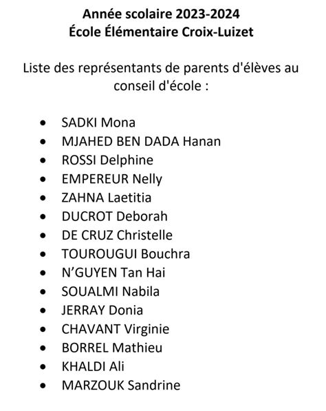 Liste des représentants des parents délèves 2023 2024 Croix Luizet