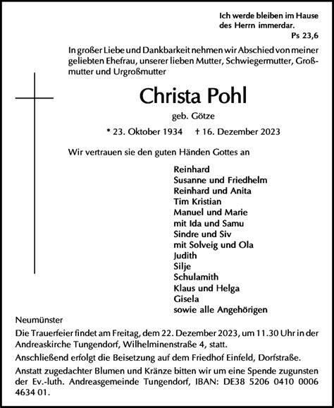 Christa Pohl Traueranzeige Holsteinischer Courier