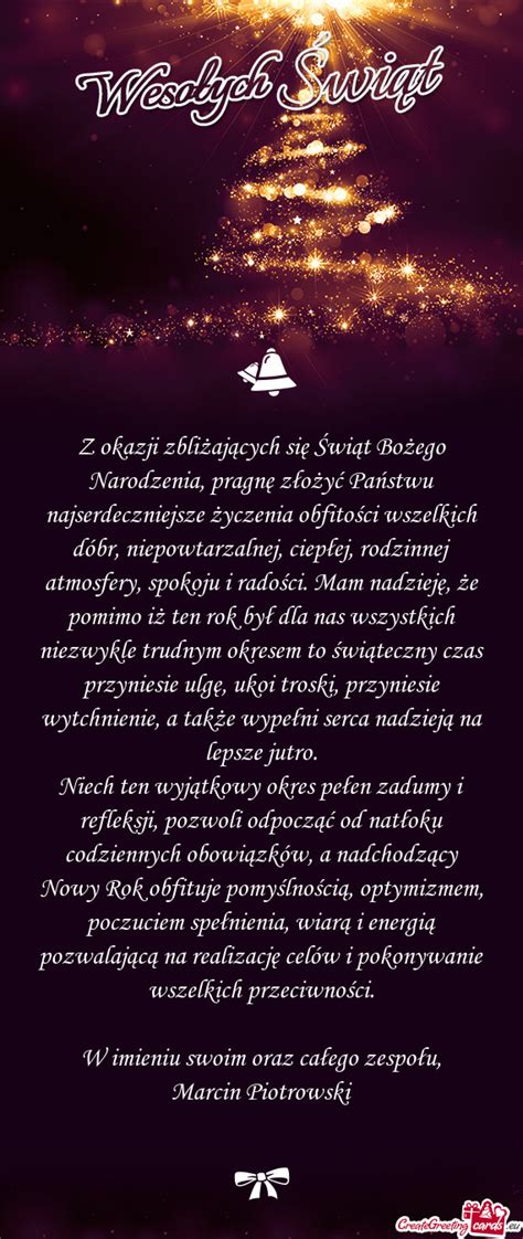 Z okazji zbliżających się Świąt Bożego Narodzenia pragnę złożyć
