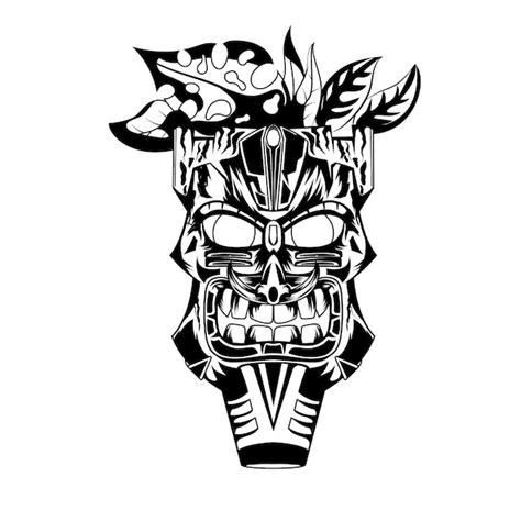 Ilustración dibujada a mano en blanco y negro tatuajes de máscara tiki