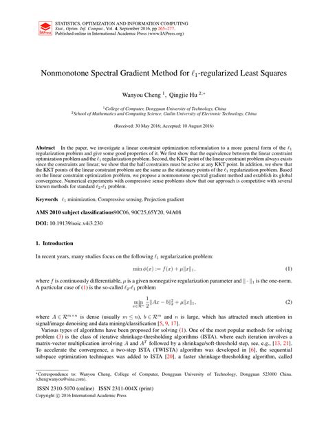 pdf nonmonotone spectral gradient method for l 1 regularized least squares