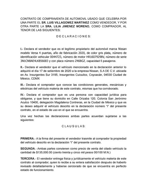 Contrato DE Compra Venta DE Automovil CONTRATO DE COMPRAVENTA DE