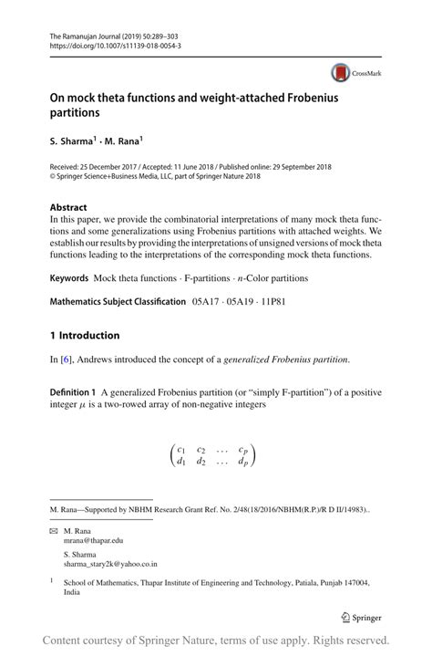 on mock theta functions and weight attached frobenius partitions request pdf