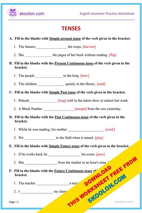 Tenses Worksheet For Grade 4