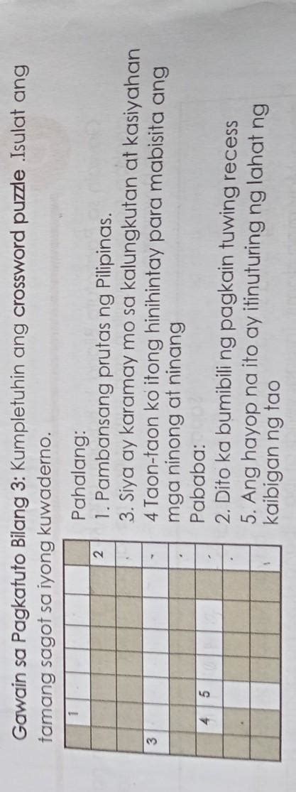 Gowain Sa Pagkatuto Biang 3 Kumpletuhin Ang Crossword Puzzle Isulat