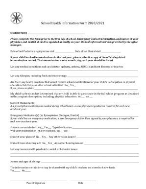 Fillable Online School Health Information Form 202021 1 Doc Fax Email