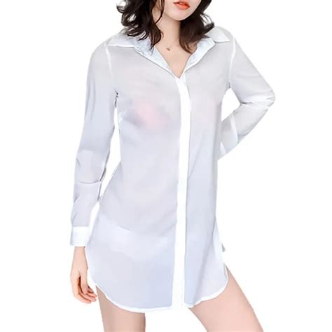 Womens Sexy Sheer Sleepshirt White Chiffon Long Sleeve Mesh Blouse Shirt Tops Pajamas Robe