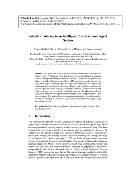 pdf adaptive tutoring in an intelligent conversational agent system