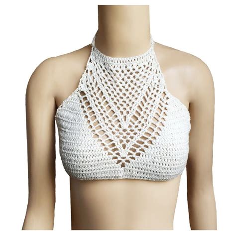 Sexy ganchillo hecho a mano blanco Halter Top mujeres clásico Halter