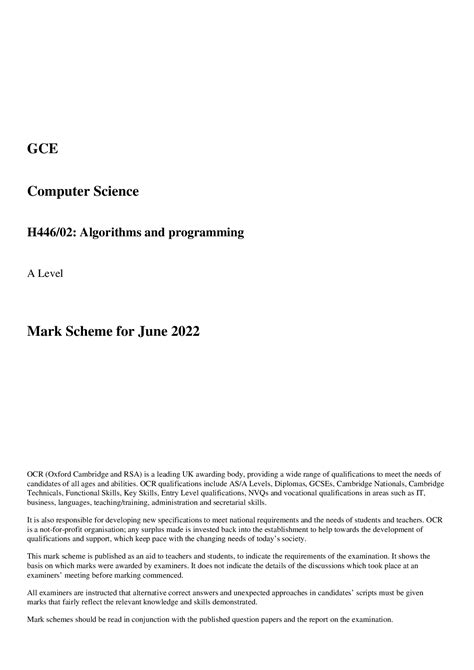 gce computer science h446 02 algorithms and programming advanced gce mark scheme for autumn