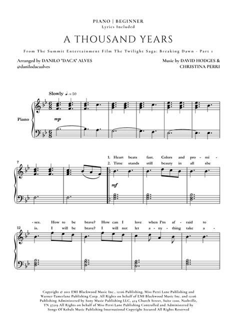 A Thousand Years Arr Danilo Daca Alves By Christina Perri Sheet
