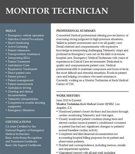 Monitor Technician Resume Example
