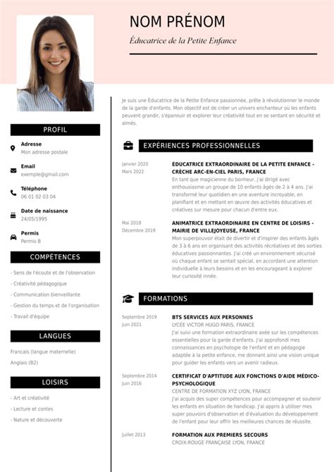 Exemple de CV pour les Métiers de la Petite Enfance