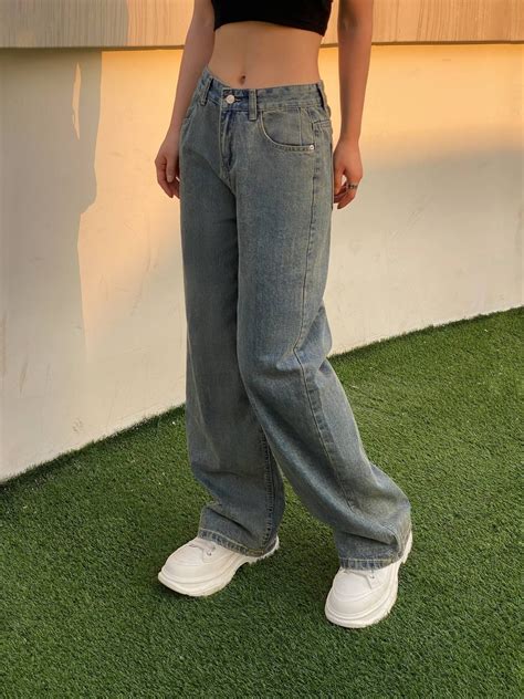 Emmiol Free Shipping 2024 90s Washed High Waist Boyfriend Jeans Blue M