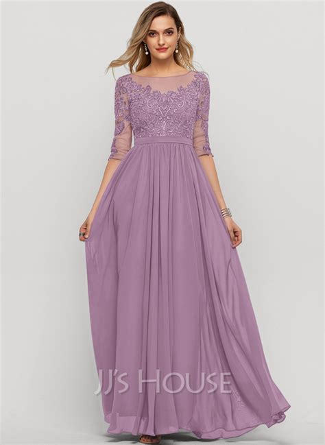 US 149 A Line Scoop Illusion Floor Length Lace Chiffon Evening Dress
