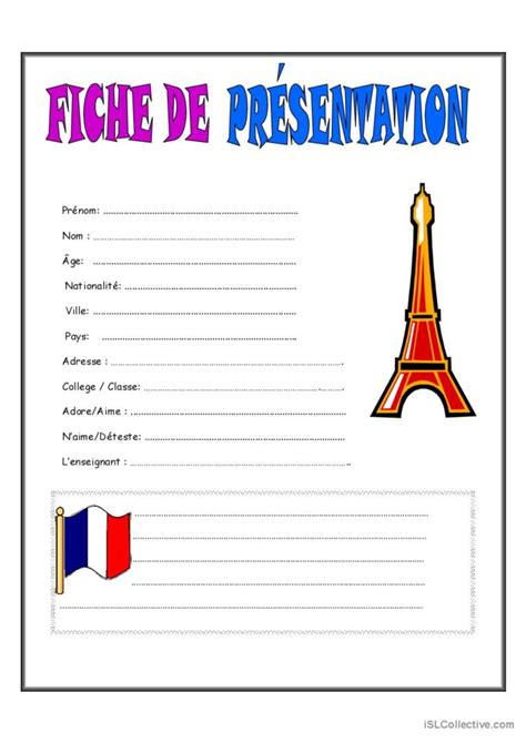 Fiche de presentation présentation Français FLE fiches pedagogiques