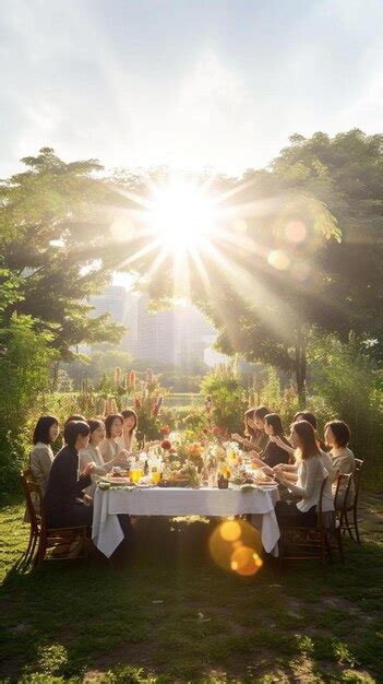 Premium Photo A Group Of People Sitting Around A Dinner Table