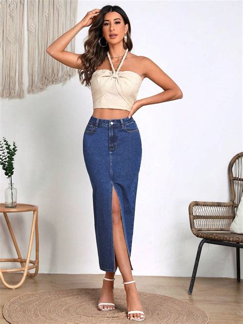 SHEIN Frenchy High Waist Split Thigh Denim Skirt SHEIN USA