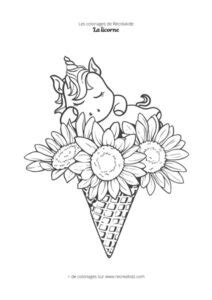 Coloriage licorne kawaii glace fleurie Dessin à colorier imprimer