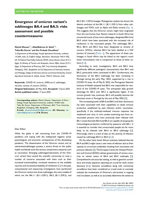 pdf emergence of omicron variant s sublineages ba 4 and ba 5 risks assessment and possible