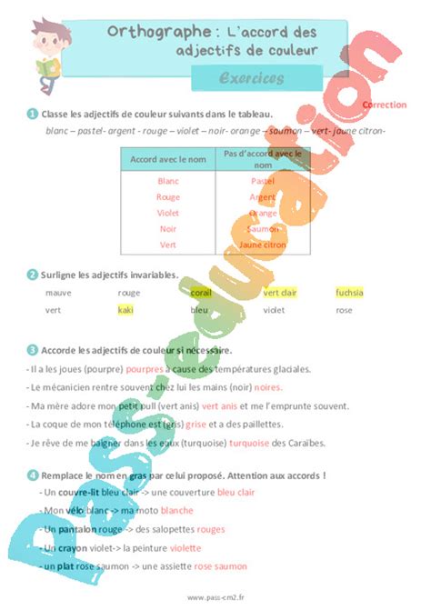 Laccord Des Adjectifs De Couleur Exercices D Orthographe Pour Le Cm2