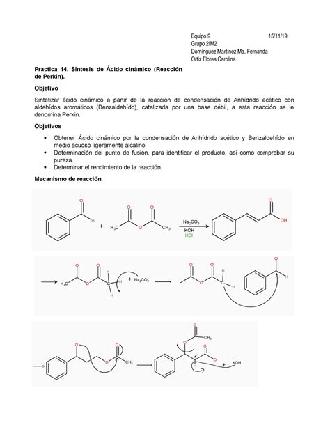 Practica 14 Practica 14 Síntesis de Ácido cinámico Reacción de