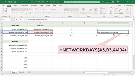 calculate workdays between two dates in excel youtube