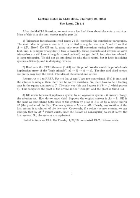 linear algebra lecture notes mas 3105 docsity