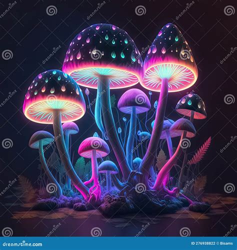 Fantasy Illustration Of Neon Color Glowing Magic Mushrooms Psychedelic Background Generative