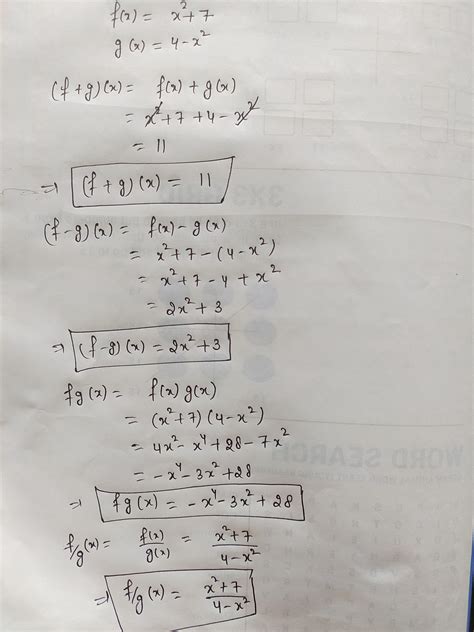 [solved] given f x x 2 7 and g x 4 x 2 find f g f g fg and f g course hero