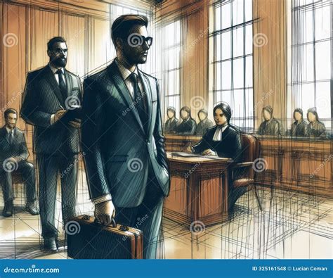 Courtroom Trial Sketch Showing Lawyer Arguing With Judge Inside Court
