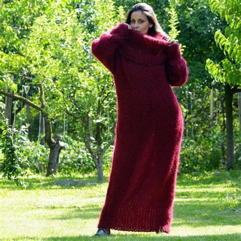 Hand Knitted Mohair Turtleneck Dress Long Fuzzy Red Fluffy Sweater Cowl
