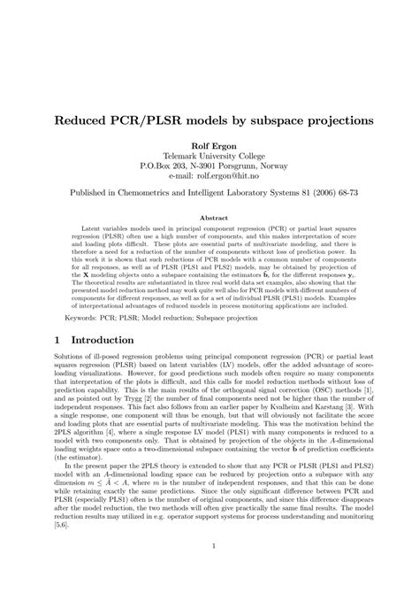 pdf reduced pcr plsr models by subspace projections