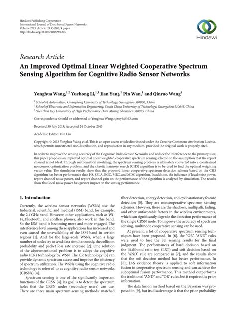 pdf an improved optimal linear weighted cooperative spectrum sensing algorithm for cognitive
