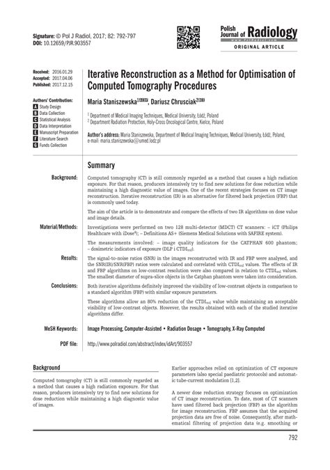 pdf iterative reconstruction as a method for optimisation of computed tomography procedures