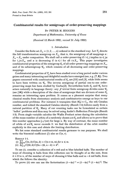 pdf combinatorial results for semigroups of order preserving mappings