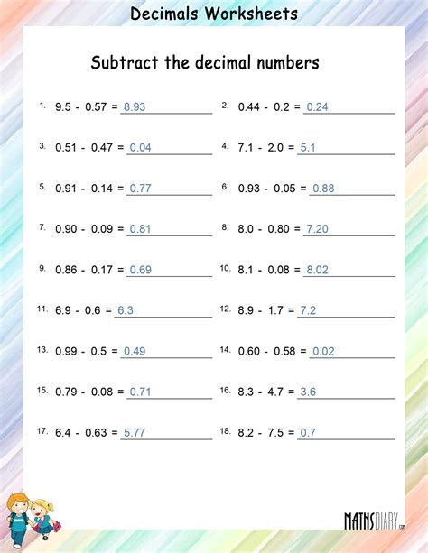 Subtraction Of Decimal Numbers Math Worksheets MathsDiary