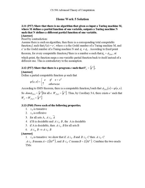 theory of computation homework 5 with solutions cs 590 docsity