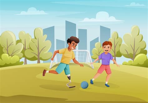 Feliz menino deficiente perna protética jogando futebol amigo