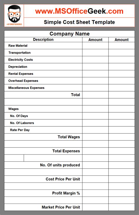 Cost Sheet Printable