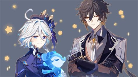 Zhongli Furina And Surintendante Chevalmarin Genshin Impact Drawn