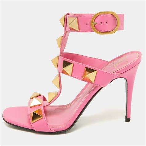 Valentino Pink Leather Roman Stud Ankle Strap Sandals Size 36 5