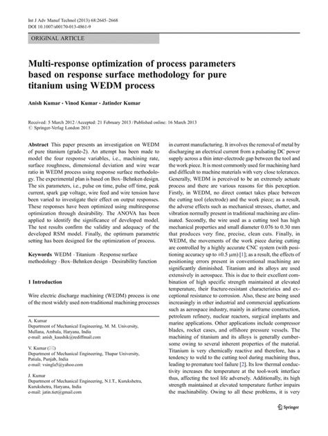 pdf multi response optimization of process parameters based on response surface methodology