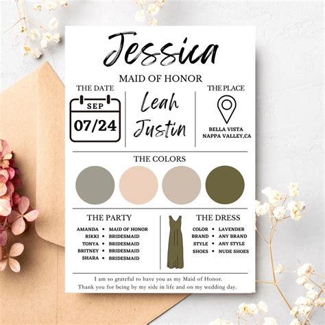 Bridesmaid Info Card Template Editable Bridal Party Info Card Modern
