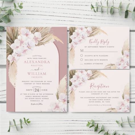 Pampas Grass Orchids Dusty Rose Tropical Wedding Invitation Zazzle