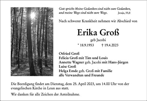 Traueranzeigen Von Erika Gro Vrm Trauer De