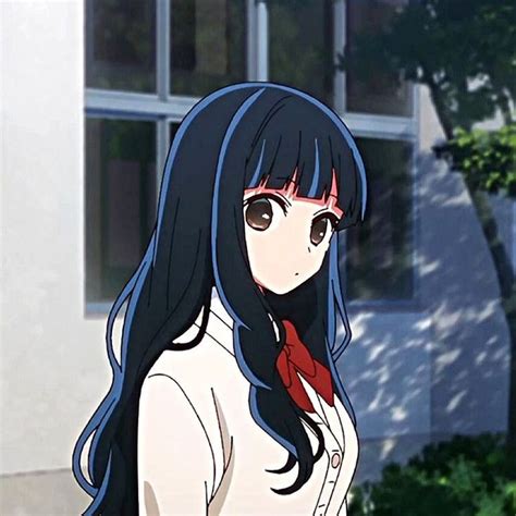 An Anime Girl With Long Black Hair Standing In Front Of A Building And