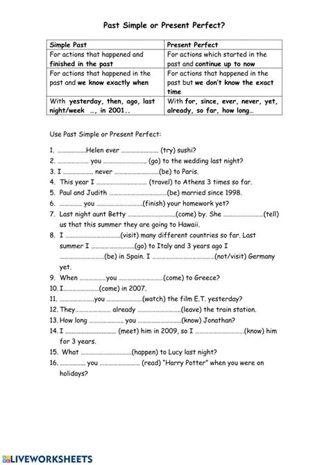 Past Simple And Present Perfect Worksheet Present Perfect Simple
